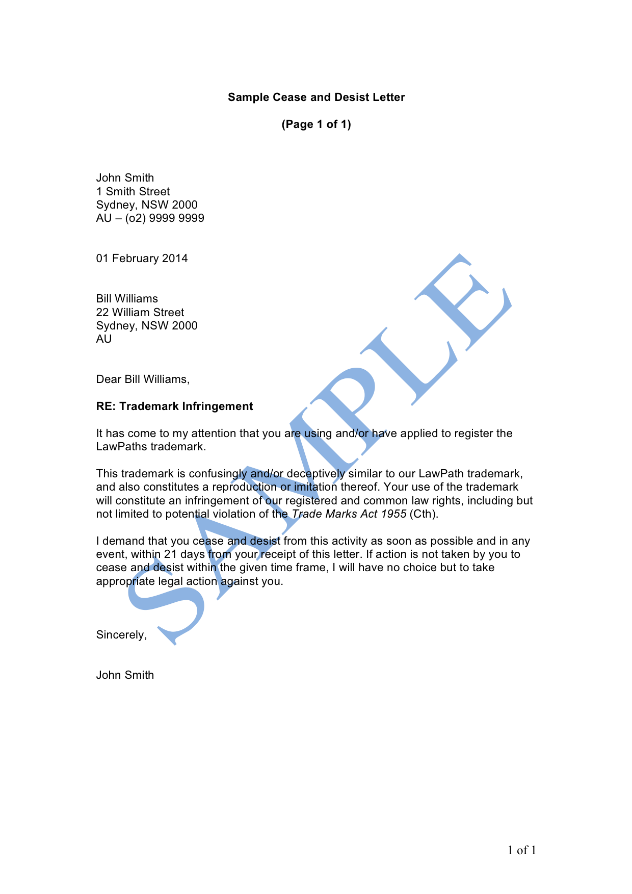 Cease And Desist Letter Sample Lawpath
